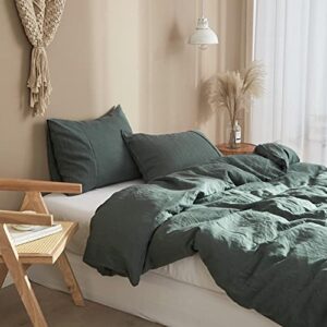 Ivellow Green Linen Duvet Cover Queen 100% Pure Washed French Flax Linen Duvet Cover Set Soft Breathable Moisture Wicking Cooling Linen Bedding Set 3Pcs (1 Linen Queen Duvet Cover 2 Pillow Shams)