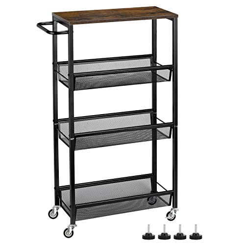 MOOACE Slim Storage Cart, 4 Tier Rolling Kitchen Shelving Unit on Wheels Mobile Narrow Cart with Wooden Tabletop for Bathroom, Laundry Narrow Places, 16.6''x 7.3''x 31.1''inch