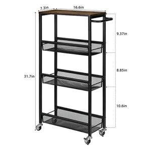 MOOACE Slim Storage Cart, 4 Tier Rolling Kitchen Shelving Unit on Wheels Mobile Narrow Cart with Wooden Tabletop for Bathroom, Laundry Narrow Places, 16.6''x 7.3''x 31.1''inch