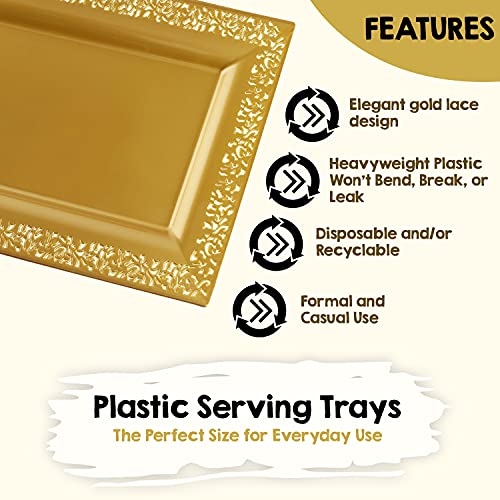 Yumchikel-Decorative Plastic Serving Tray & Platter Set (4pk)-Gold & lace Rim Disposable Serving Trays & Platters for Food - Weddings, Upscale Parties, Dessert Table, Cupcake Display - 14"x7.5" inches