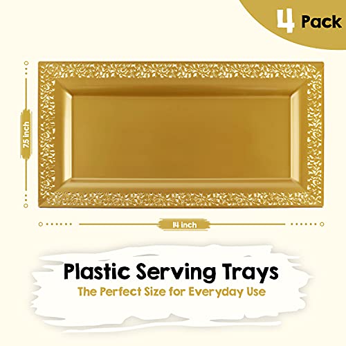 Yumchikel-Decorative Plastic Serving Tray & Platter Set (4pk)-Gold & lace Rim Disposable Serving Trays & Platters for Food - Weddings, Upscale Parties, Dessert Table, Cupcake Display - 14"x7.5" inches