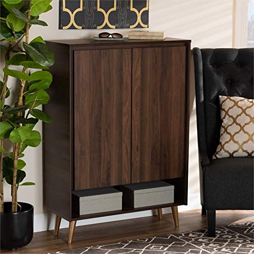 BOWERY HILL Brown and Gold Wood 2-Door Entryway Shoe Storage Cabinet