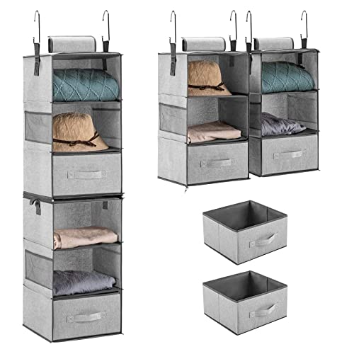 YOUDENOVA Hanging Closet Organizers with Drawers, Two 3-Shelf Separable Closet Hanging Shelves for Dorm, RV, Canvas, Grey