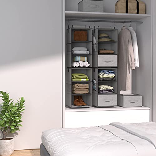 YOUDENOVA Hanging Closet Organizers with Drawers, Two 3-Shelf Separable Closet Hanging Shelves for Dorm, RV, Canvas, Grey