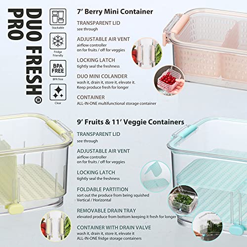 Felli Duo Fresh Produce Saver + Veggie Fruit Berry Storage Strainer Bin + Colander with Drain, ALL IN ONE Container Set for Refrigerator, Dishwasher Safe, Keep Food Lettuce Fresh Longer, Kitchen Vegetable Keeper Fridge Organizer, Housewarming Mothers Day