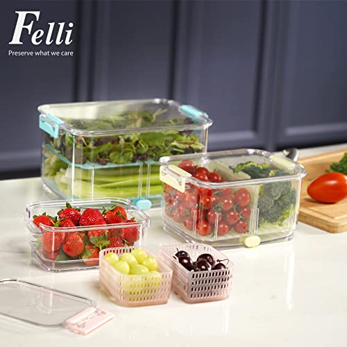 Felli Duo Fresh Produce Saver + Veggie Fruit Berry Storage Strainer Bin + Colander with Drain, ALL IN ONE Container Set for Refrigerator, Dishwasher Safe, Keep Food Lettuce Fresh Longer, Kitchen Vegetable Keeper Fridge Organizer, Housewarming Mothers Day