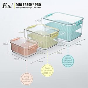 Felli Duo Fresh Produce Saver + Veggie Fruit Berry Storage Strainer Bin + Colander with Drain, ALL IN ONE Container Set for Refrigerator, Dishwasher Safe, Keep Food Lettuce Fresh Longer, Kitchen Vegetable Keeper Fridge Organizer, Housewarming Mothers Day