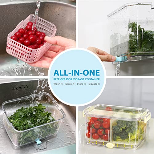 Felli Duo Fresh Produce Saver + Veggie Fruit Berry Storage Strainer Bin + Colander with Drain, ALL IN ONE Container Set for Refrigerator, Dishwasher Safe, Keep Food Lettuce Fresh Longer, Kitchen Vegetable Keeper Fridge Organizer, Housewarming Mothers Day