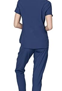 Womens Scrub Set Mock Wrap & Jogger Pants 7 Pocket 4-Way Stretch for Nurse Dentist Elements Select ES2956 (Navy, Small)