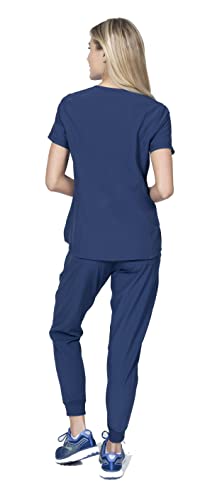 Womens Scrub Set Mock Wrap & Jogger Pants 7 Pocket 4-Way Stretch for Nurse Dentist Elements Select ES2956 (Navy, Small)