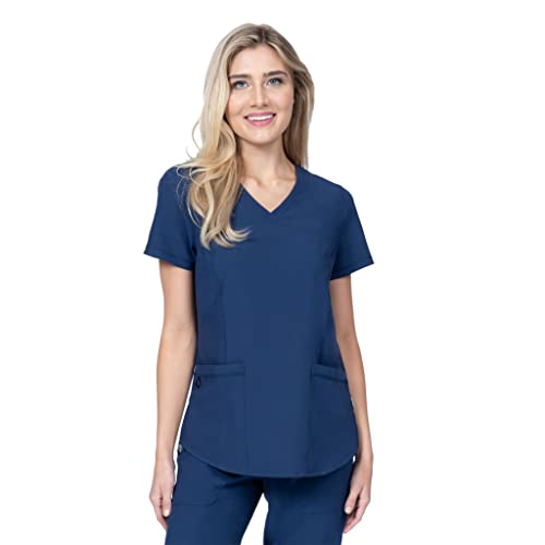 Womens Scrub Set Mock Wrap & Jogger Pants 7 Pocket 4-Way Stretch for Nurse Dentist Elements Select ES2956 (Navy, Small)