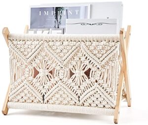 mkono macrame magazine rack boho magazine holder storage standing basket for books, newspapers, swaddle blanket, living room, bathroom, office, nursery, home decor, medium size, 14’’l x 10’’w