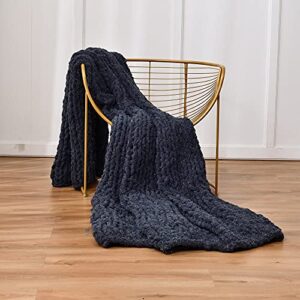 dirunen chunky knit luxury throw blanket large cable knitted premium soft cozy chenille bulky blankets for cuddling up in bed, on the couch or sofa (dark gray-silver ribbon) 59"×79"