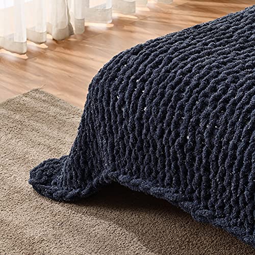 DIRUNEN Chunky Knit Luxury Throw Blanket Large Cable Knitted Premium Soft Cozy Chenille Bulky Blankets for Cuddling up in Bed, on The Couch or Sofa (Dark Gray-Silver Ribbon) 59"×79"