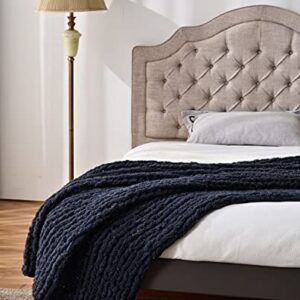 DIRUNEN Chunky Knit Luxury Throw Blanket Large Cable Knitted Premium Soft Cozy Chenille Bulky Blankets for Cuddling up in Bed, on The Couch or Sofa (Dark Gray-Silver Ribbon) 59"×79"