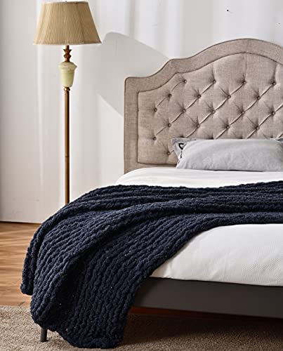 DIRUNEN Chunky Knit Luxury Throw Blanket Large Cable Knitted Premium Soft Cozy Chenille Bulky Blankets for Cuddling up in Bed, on The Couch or Sofa (Dark Gray-Silver Ribbon) 59"×79"