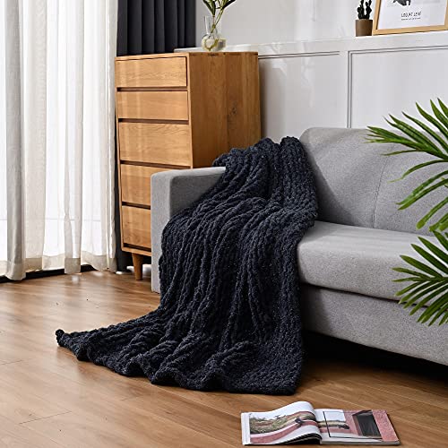 DIRUNEN Chunky Knit Luxury Throw Blanket Large Cable Knitted Premium Soft Cozy Chenille Bulky Blankets for Cuddling up in Bed, on The Couch or Sofa (Dark Gray-Silver Ribbon) 59"×79"