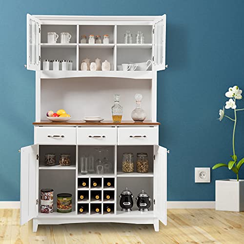 LOKO Kitchen Hutch Storage Cabinet, Sideboard Buffet Kitchen Cupboard with 4 Doors, 3 Drawers, 5 Adjustable Shelves and 9 Wine Grids, 44 x 17 x 72.5 inches (White)