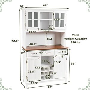 LOKO Kitchen Hutch Storage Cabinet, Sideboard Buffet Kitchen Cupboard with 4 Doors, 3 Drawers, 5 Adjustable Shelves and 9 Wine Grids, 44 x 17 x 72.5 inches (White)