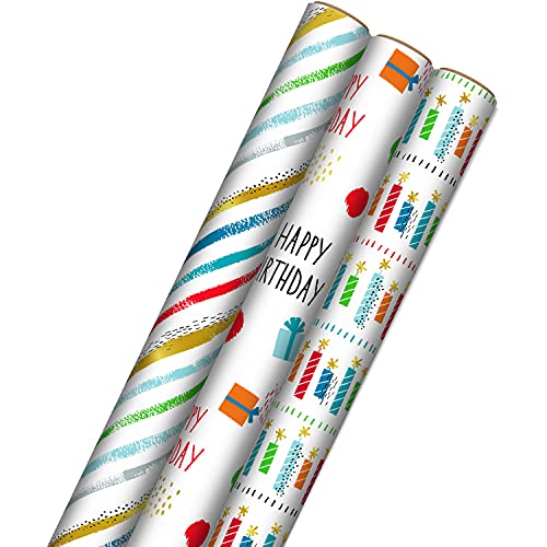 Hallmark Recycled Wrapping Paper with Cutlines on Reverse (3 Rolls: 60 Sq. Ft. Ttl) Red, Blue, Green, Gold Stripes, Candles, Happy Birthday" for Kids and Adults