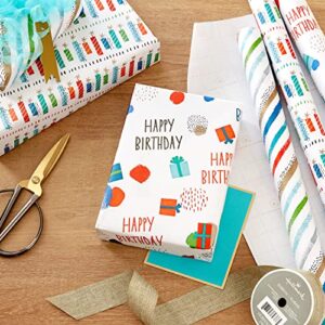 Hallmark Recycled Wrapping Paper with Cutlines on Reverse (3 Rolls: 60 Sq. Ft. Ttl) Red, Blue, Green, Gold Stripes, Candles, Happy Birthday" for Kids and Adults