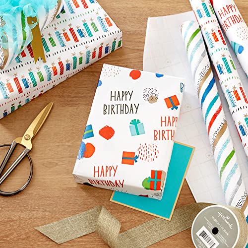 Hallmark Recycled Wrapping Paper with Cutlines on Reverse (3 Rolls: 60 Sq. Ft. Ttl) Red, Blue, Green, Gold Stripes, Candles, Happy Birthday" for Kids and Adults