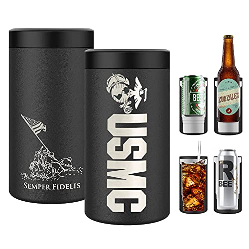 Marine Corps 4 in 1 Insulated Can Cooler, Stainless Steel Double-Walled Insulator for 12 oz Standard or Skinny Slim Cans, 12 Oz Beer Bottles & Mixed Drinks – Gifts for Marines