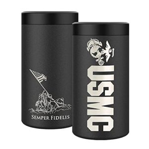 Marine Corps 4 in 1 Insulated Can Cooler, Stainless Steel Double-Walled Insulator for 12 oz Standard or Skinny Slim Cans, 12 Oz Beer Bottles & Mixed Drinks – Gifts for Marines