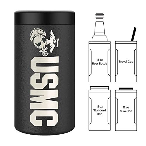 Marine Corps 4 in 1 Insulated Can Cooler, Stainless Steel Double-Walled Insulator for 12 oz Standard or Skinny Slim Cans, 12 Oz Beer Bottles & Mixed Drinks – Gifts for Marines