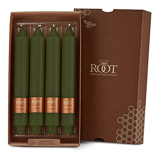 Root Candles Unscented Dinner Candles Beeswax Enhanced Smooth Collenette Boxed Candle Set, 9-Inch, Dark Olive, 4-Count