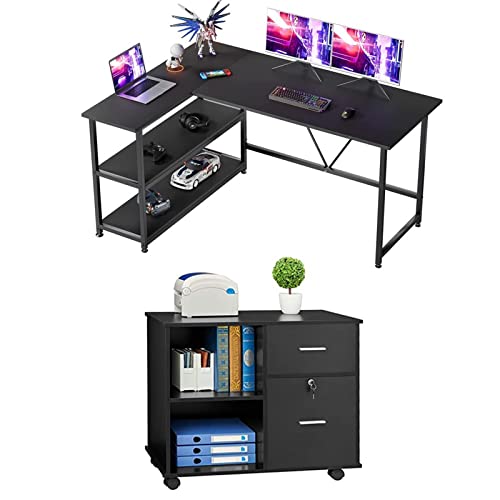 GreenForest Small L Shaped Desk 51x35.4 inch Reversible Corner Gaming Computer Desk and Wooden File Cabinet 2 Drawer Lateral Filing Cabinet with Lock