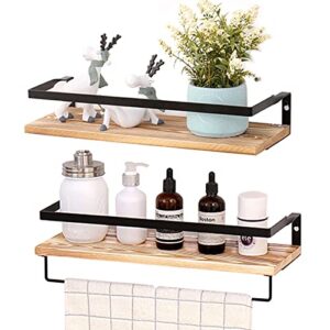 luxiya floating shelves bathroom shelf rustic wood wall mounted shelves organizer with removable towel holder decorative storage shelf for bathroom kitchen,set of 2