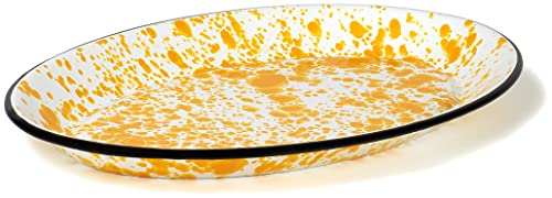 Red Co. Enamelware Metal Classic 13" Serving Oval Tray Platter, Yellow Marble/Black Rim - Splatter Design