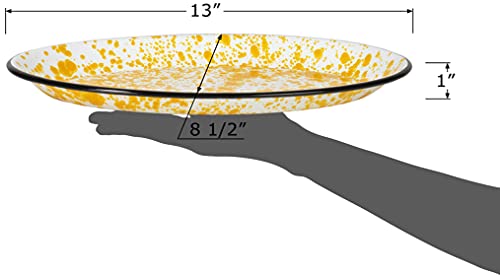 Red Co. Enamelware Metal Classic 13" Serving Oval Tray Platter, Yellow Marble/Black Rim - Splatter Design