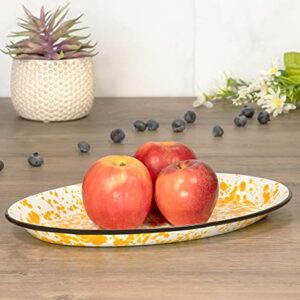 Red Co. Enamelware Metal Classic 13" Serving Oval Tray Platter, Yellow Marble/Black Rim - Splatter Design