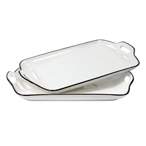 Aquiver 14'' Extra Large Serving Tray with Handles, Porcelain White Serving Platter with Black Edge, Party Serving Plates for Cupcakes, Fruits, Snacks, Dessert, Chips - Set of 2 (Creamy White)