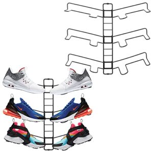 mdesign modern metal shoe organizer display & storage shelf rack - adjustable shelves hang & store kicks, running, basketball, tennis shoes - 3 tier, each wall mount unit holds 6 shoes, 2 pack, black