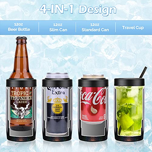 4-in-1 Skinny Can Cooler Double Wall Stainless Steel Insulated Can Holder,Can Coozie, Works With 12 Oz Slim Can,Standard Cans,Beer Bottles & As Pint Cups(Glitter Dark)