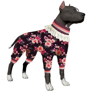 lovinpet dog pajamas for large dogs, uv & post operative protection, 4 legged high collar dog onesies,lightweight stretchable large floral plum prints large dog pajamas as base shirt for dog dresses m