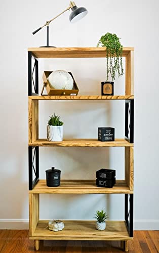 Premium Home Modern Bookshelf – Industrial Bookcase, 5 Shelf Bookcase, Tall Book Shelf, Farmhouse Book Case, Bookshelves and Bookcases, Rustic Wood, Industrial Black Metal, 5 Tier Shelf Shelving Unit