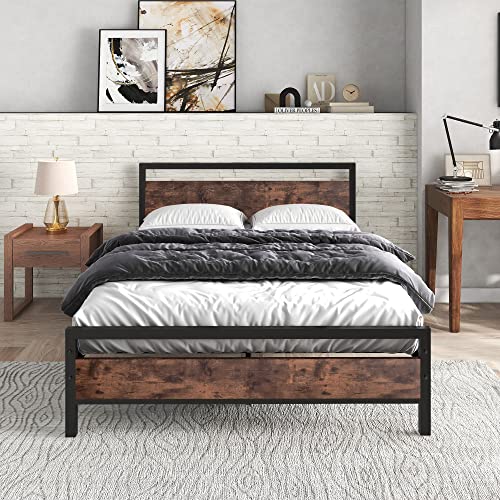 JURMERRY Full Size Metal Bed Frame with Wooden Headboard and Footboard Heavy Duty Steel Mattress Foundation/Rustic Country Style/Easy Assembly,Black