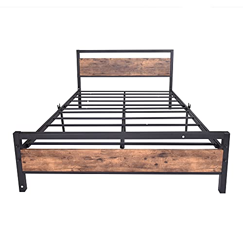 JURMERRY Full Size Metal Bed Frame with Wooden Headboard and Footboard Heavy Duty Steel Mattress Foundation/Rustic Country Style/Easy Assembly,Black