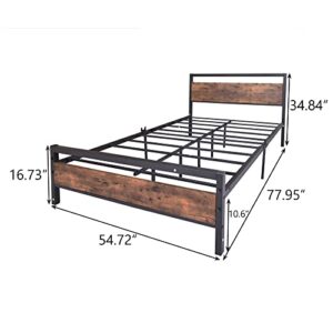 JURMERRY Full Size Metal Bed Frame with Wooden Headboard and Footboard Heavy Duty Steel Mattress Foundation/Rustic Country Style/Easy Assembly,Black