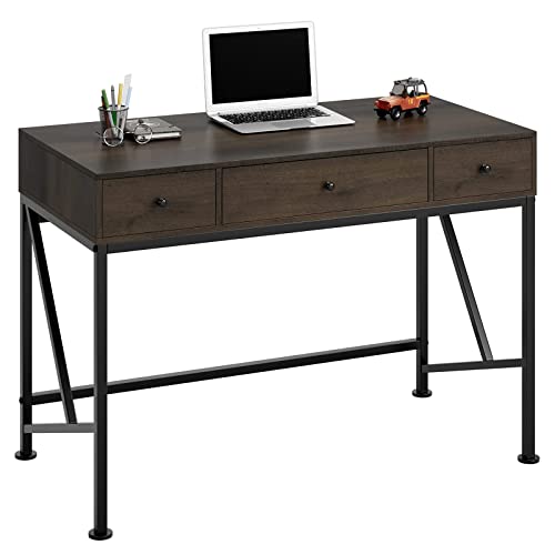 URKNO Computer Desk with 3 Drawers, 42" Wood Writing Desk for Home Office, Modern Simple Style Laptop Study Table, Makeup Vanity Console Table, Metal Frame, Easy Assembly, Dark Brown