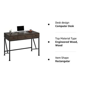 URKNO Computer Desk with 3 Drawers, 42" Wood Writing Desk for Home Office, Modern Simple Style Laptop Study Table, Makeup Vanity Console Table, Metal Frame, Easy Assembly, Dark Brown