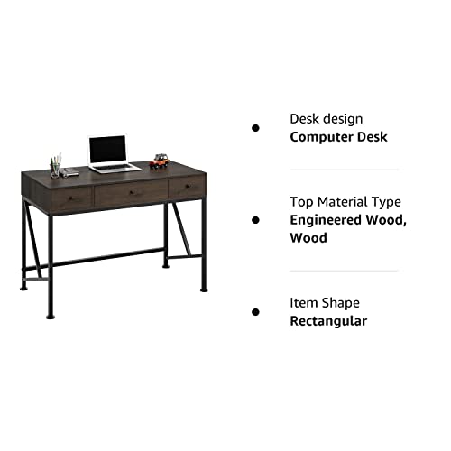 URKNO Computer Desk with 3 Drawers, 42" Wood Writing Desk for Home Office, Modern Simple Style Laptop Study Table, Makeup Vanity Console Table, Metal Frame, Easy Assembly, Dark Brown