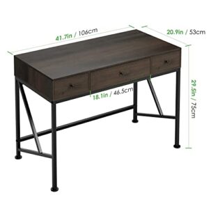 URKNO Computer Desk with 3 Drawers, 42" Wood Writing Desk for Home Office, Modern Simple Style Laptop Study Table, Makeup Vanity Console Table, Metal Frame, Easy Assembly, Dark Brown