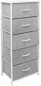 sorbus dresser storage tower, organizer for closet, tall dresser for bedroom, chest drawer for clothes, hallway, living room, college dorm, steel frame, wood top, fabric, 5 drawers (white/gray)