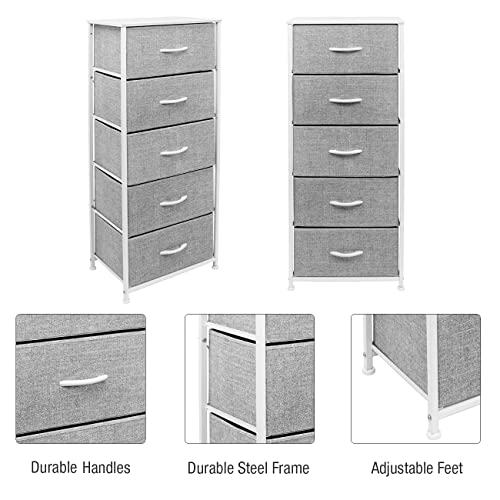 Sorbus Dresser Storage Tower, Organizer for Closet, Tall Dresser for Bedroom, Chest Drawer for Clothes, Hallway, Living Room, College Dorm, Steel Frame, Wood Top, Fabric, 5 Drawers (White/Gray)