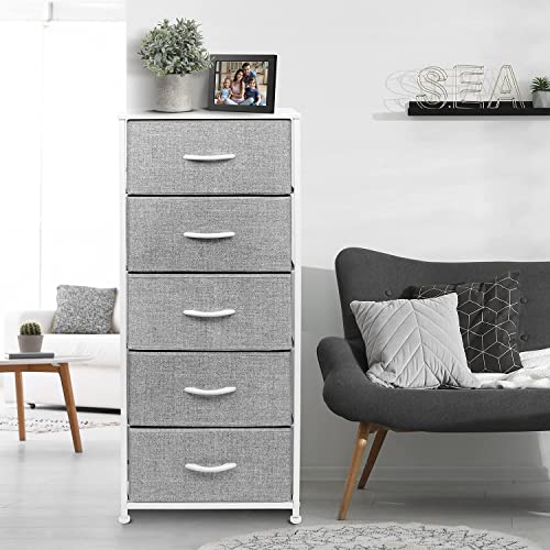 Sorbus Dresser Storage Tower, Organizer for Closet, Tall Dresser for Bedroom, Chest Drawer for Clothes, Hallway, Living Room, College Dorm, Steel Frame, Wood Top, Fabric, 5 Drawers (White/Gray)